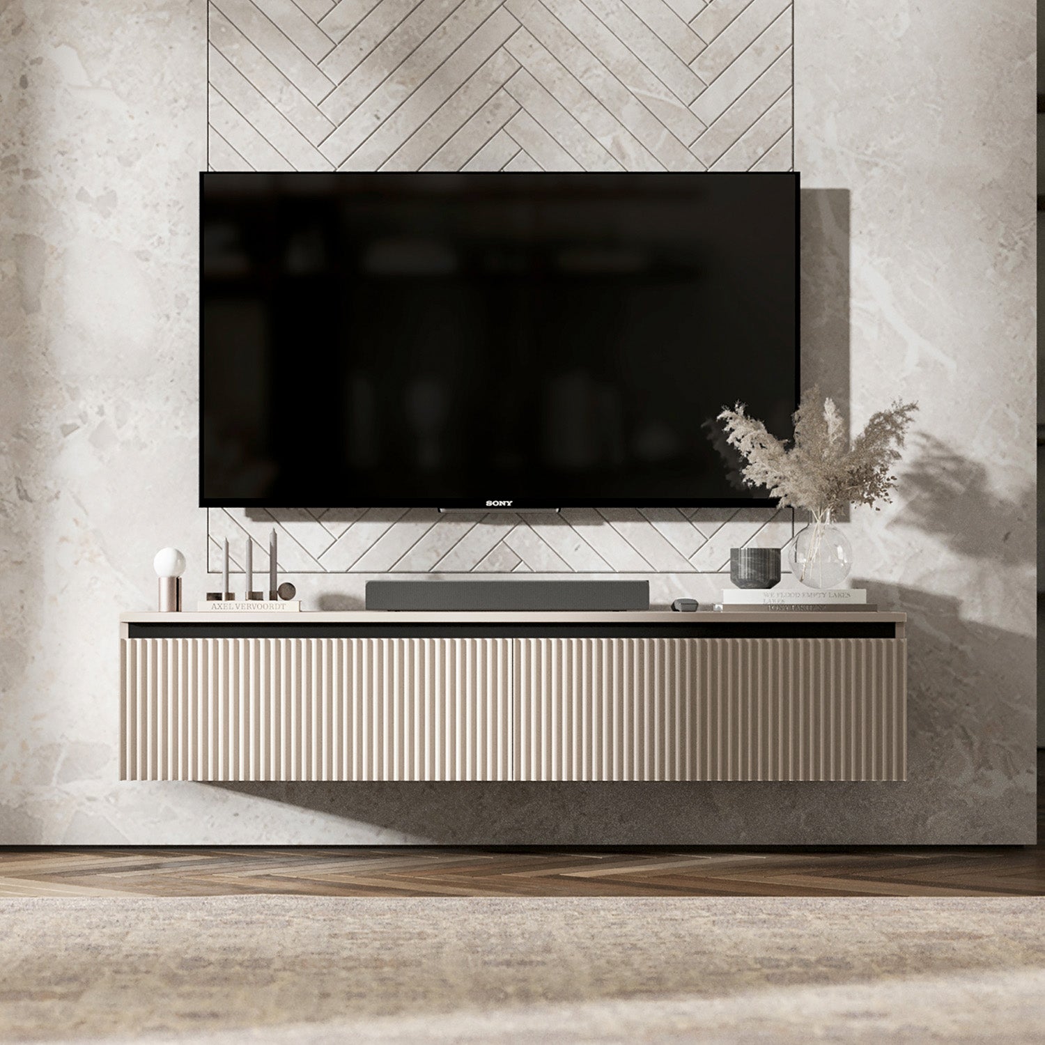 Selene Modern Ribbed-Texture Wall-Mounted TV Unit with Storage – Cashm – Heze Furniture