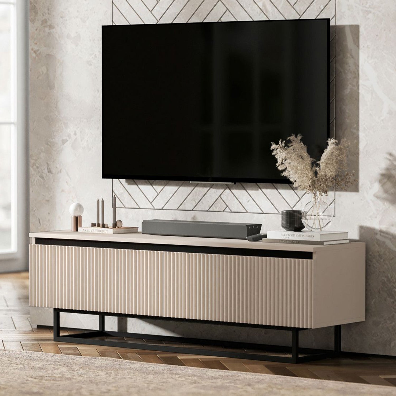Selene Modern Ribbed-Texture TV Unit with Storage – Cashmere / Black F ...