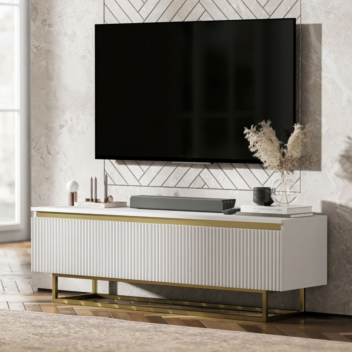 Selene Modern Ribbed-Texture TV Unit with Storage – White / Gold Frame ...