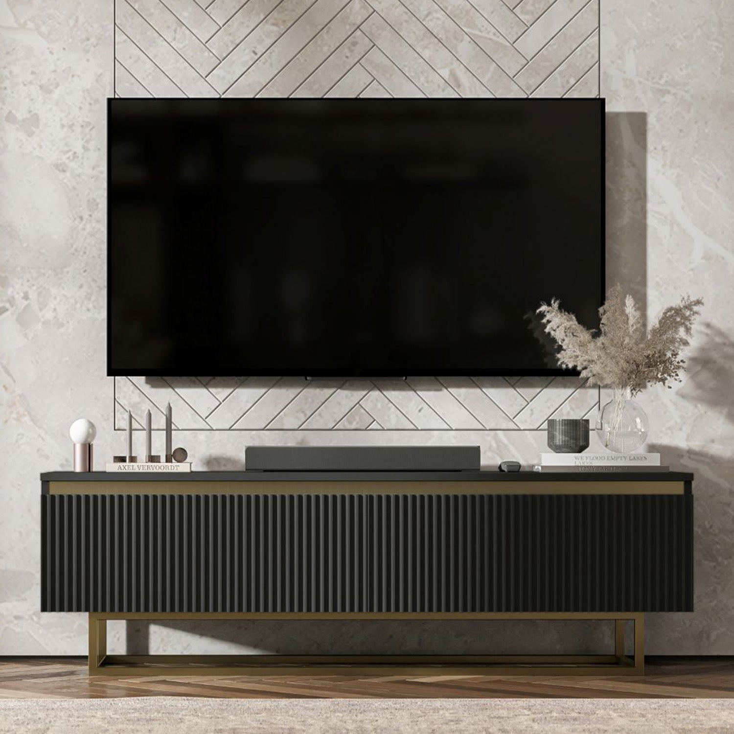 Selene Modern Ribbed-Texture TV Unit with Storage – Black / Gold Frame ...