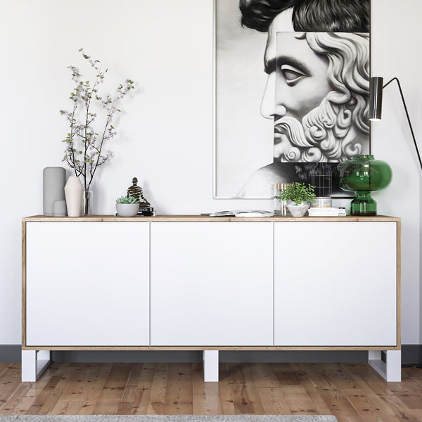 Apollo Modern Sideboard with 3-Door Design and Metal Legs – White / Oa ...