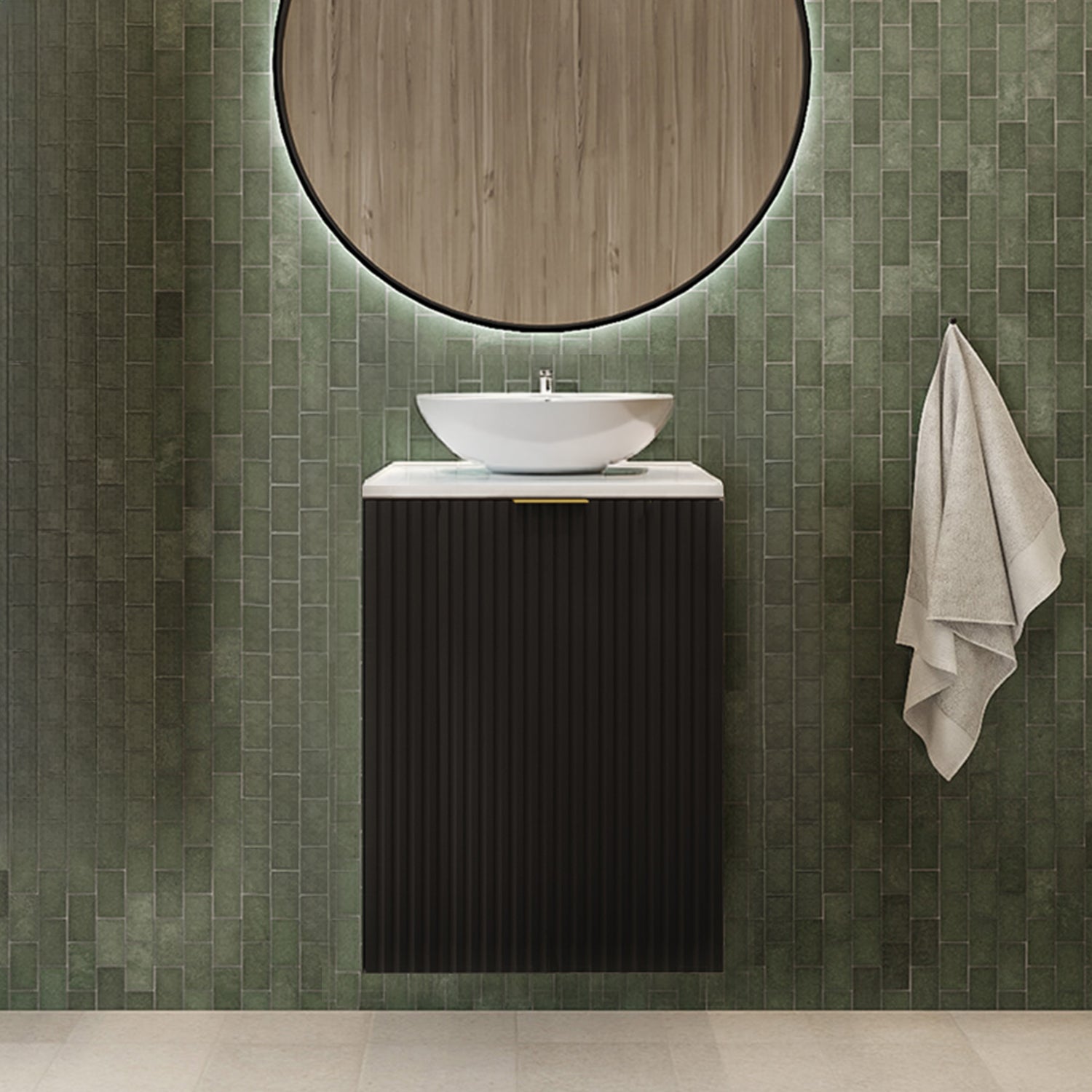 Flow 1 Door Fluted Bathroom Vanity Cabinet with Worktop 40cm - Black ...